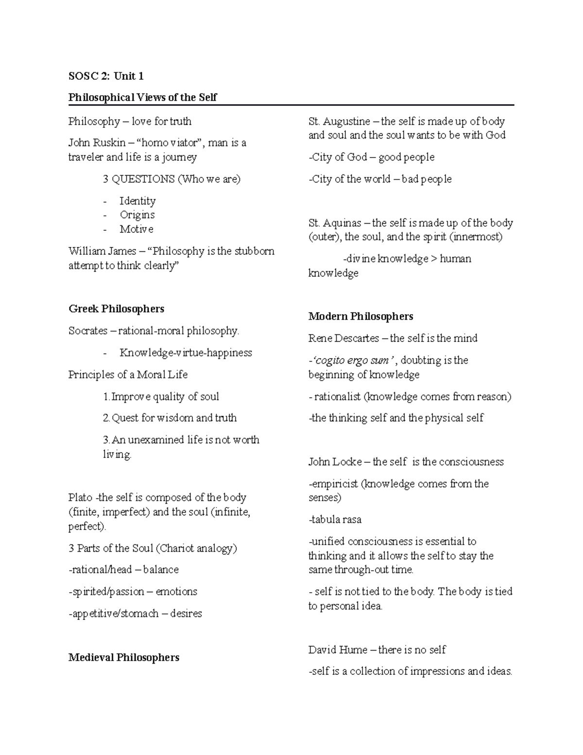 SOSC 2 U1-U5 - Units 1 to 5 - SOSC 2: Unit 1 Philosophical Views of the ...