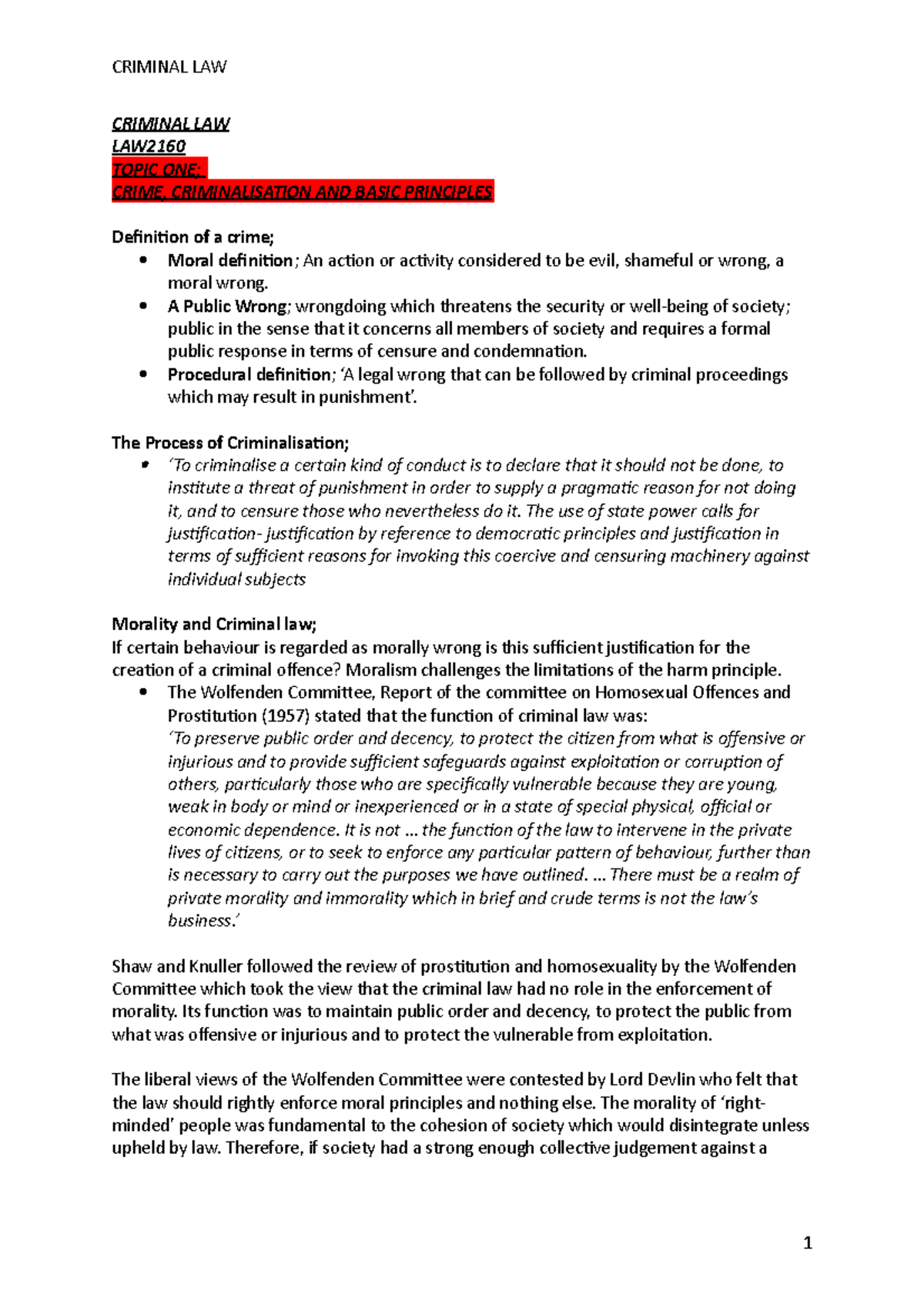 Criminal LAW Notes - CRIMINAL LAW CRIMINAL LAW LAW2160 TOPIC ONE; CRIME ...