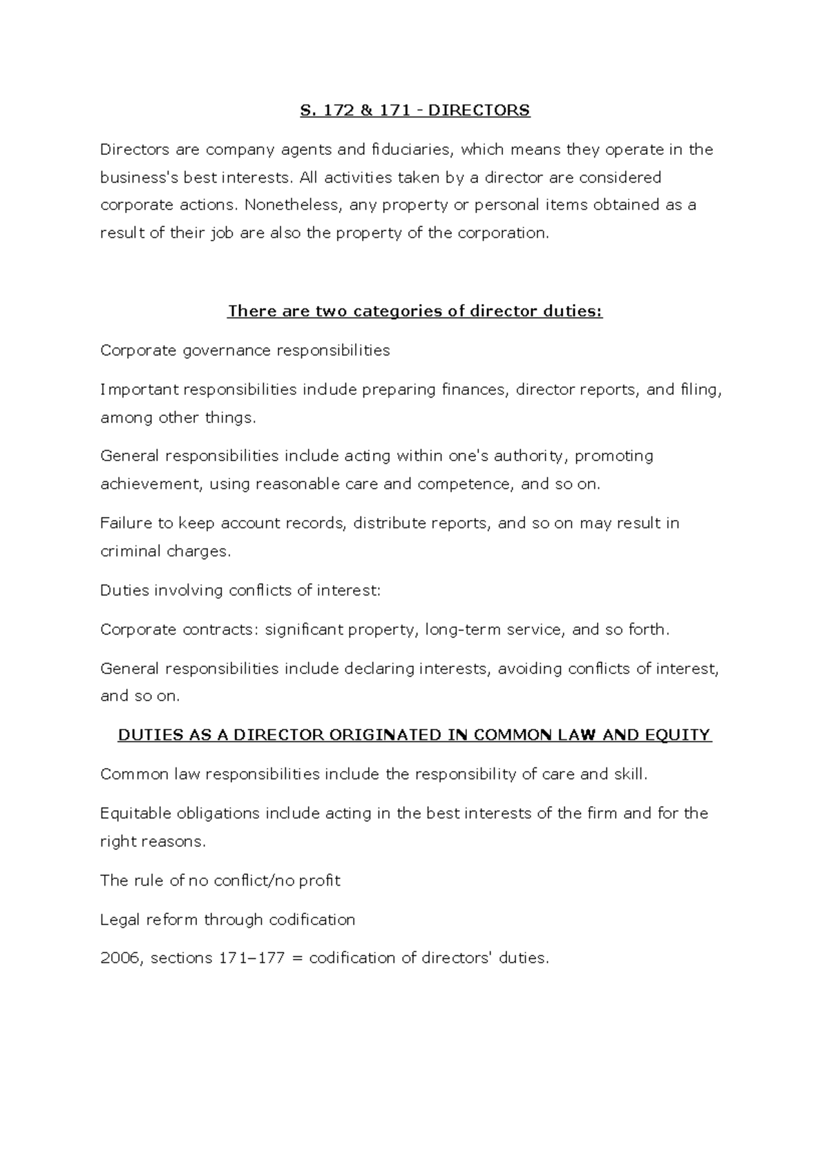 S. 172 and 171 - Directors - S. 172 & 171 - DIRECTORS Directors are ...
