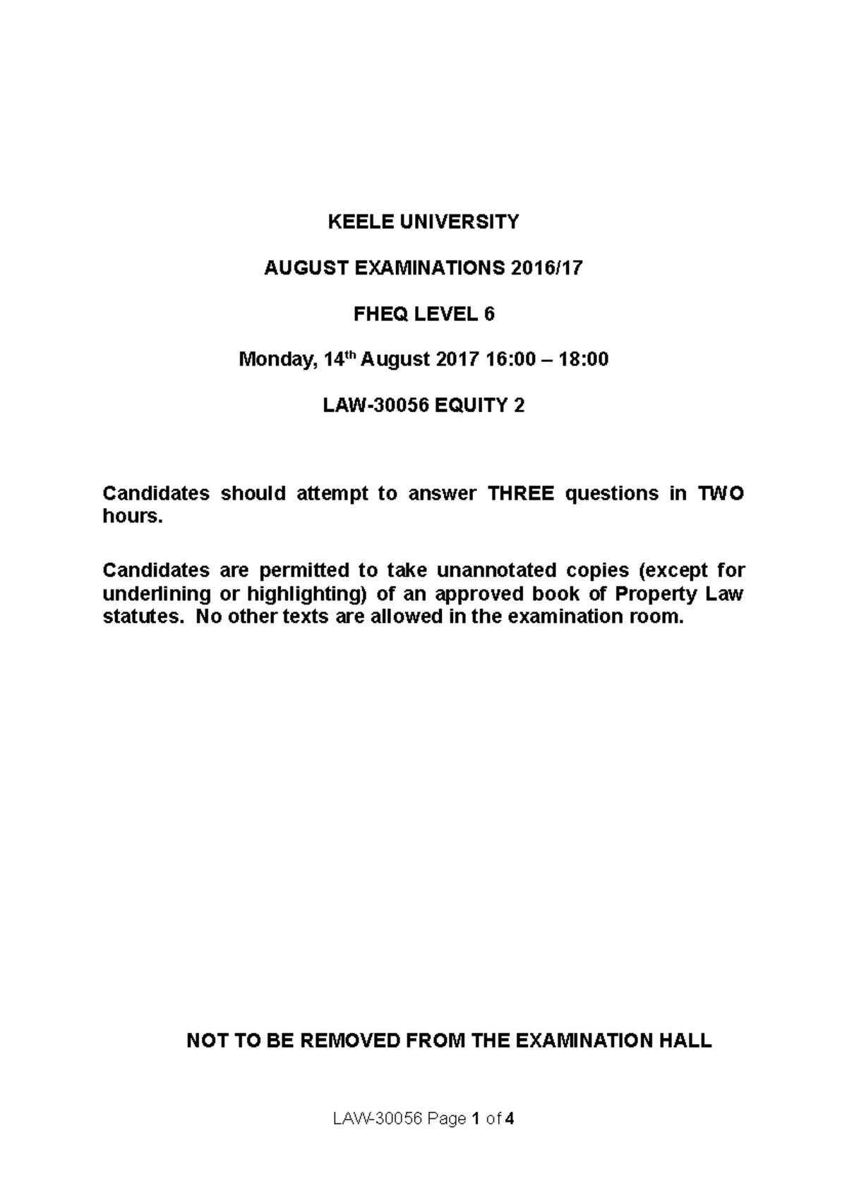 LAW-30056 2017 Equity 2 Resit EXAM. equity past paper - KEELE ...