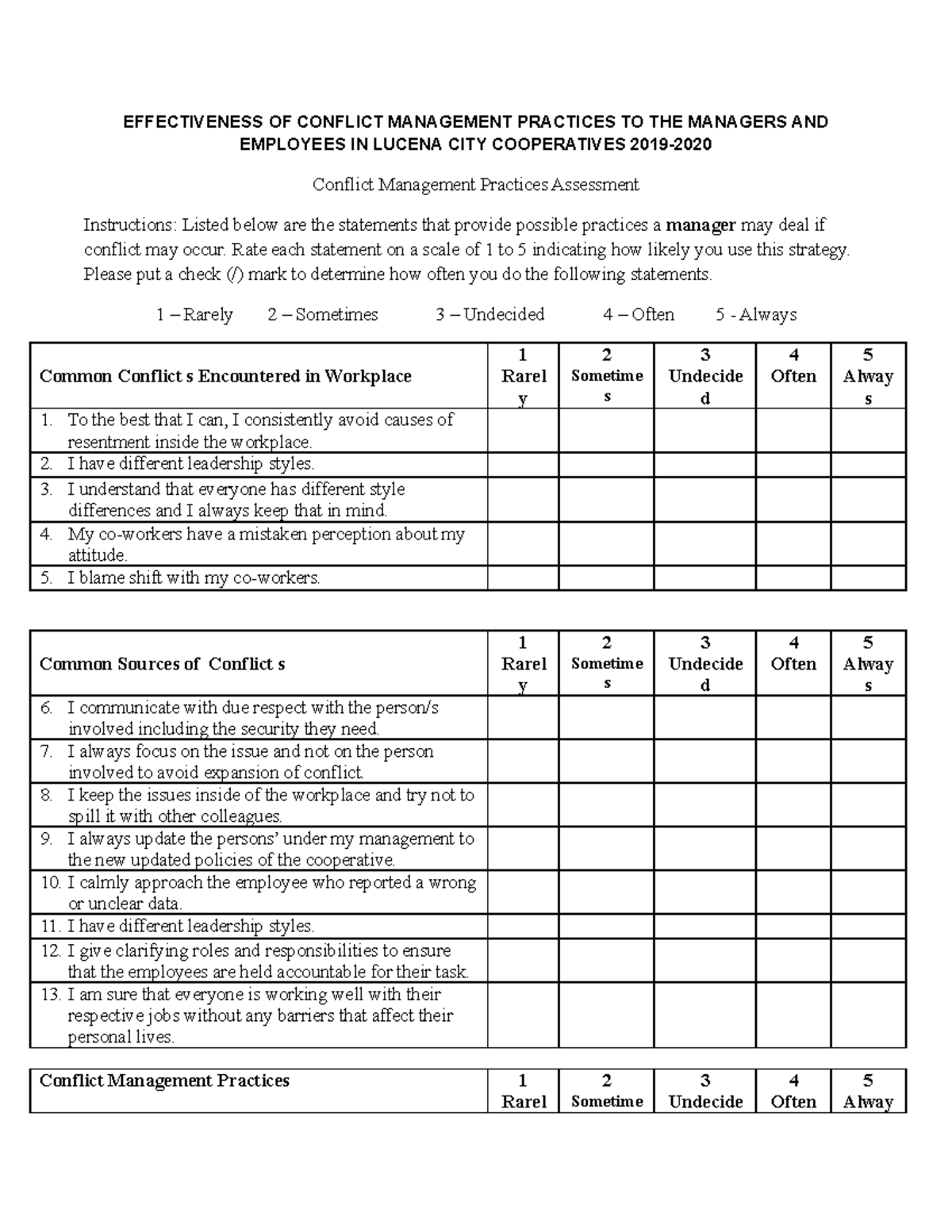 Conflict Management Practices Assessment - EFFECTIVENESS OF CONFLICT ...