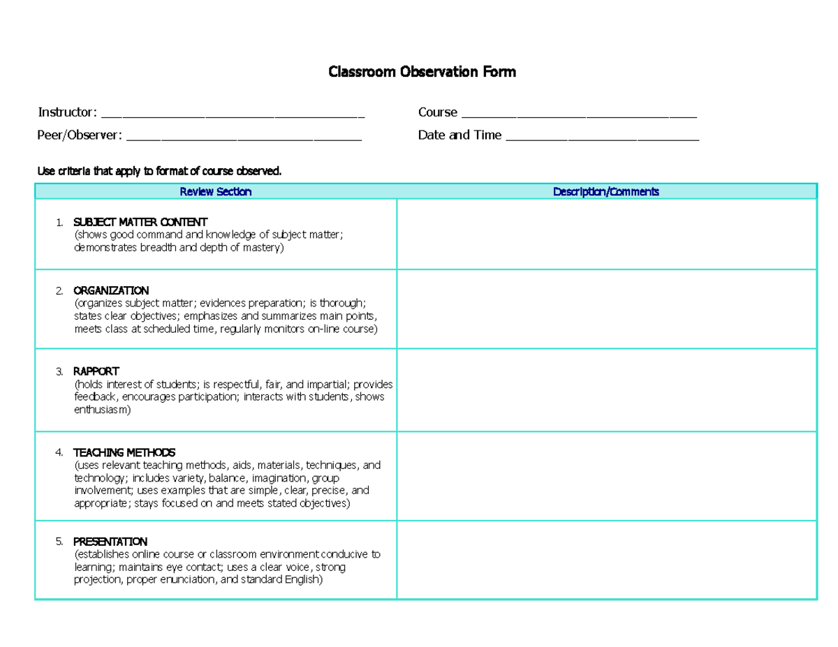 Classroom Observation Form - Classroom Observation Form Instructor ...