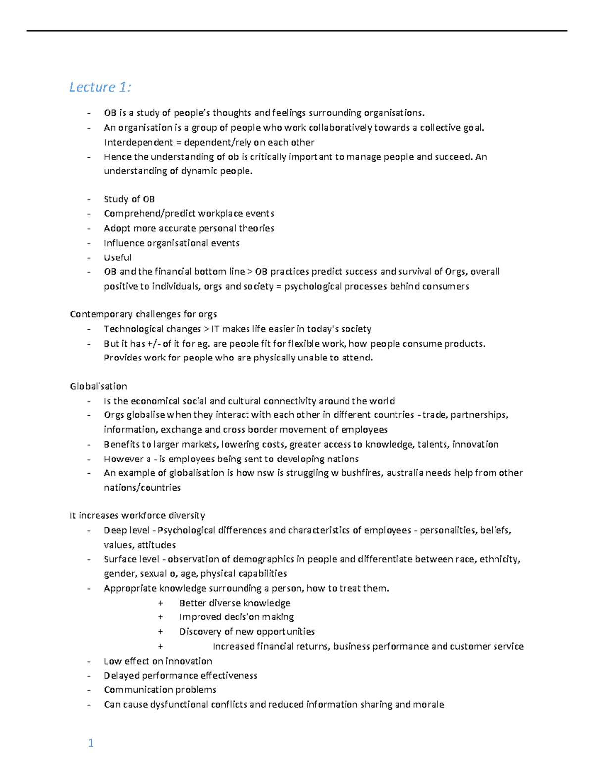 OB Lecture notes - Lecture 1: OB is a study of people’s thoughts and ...