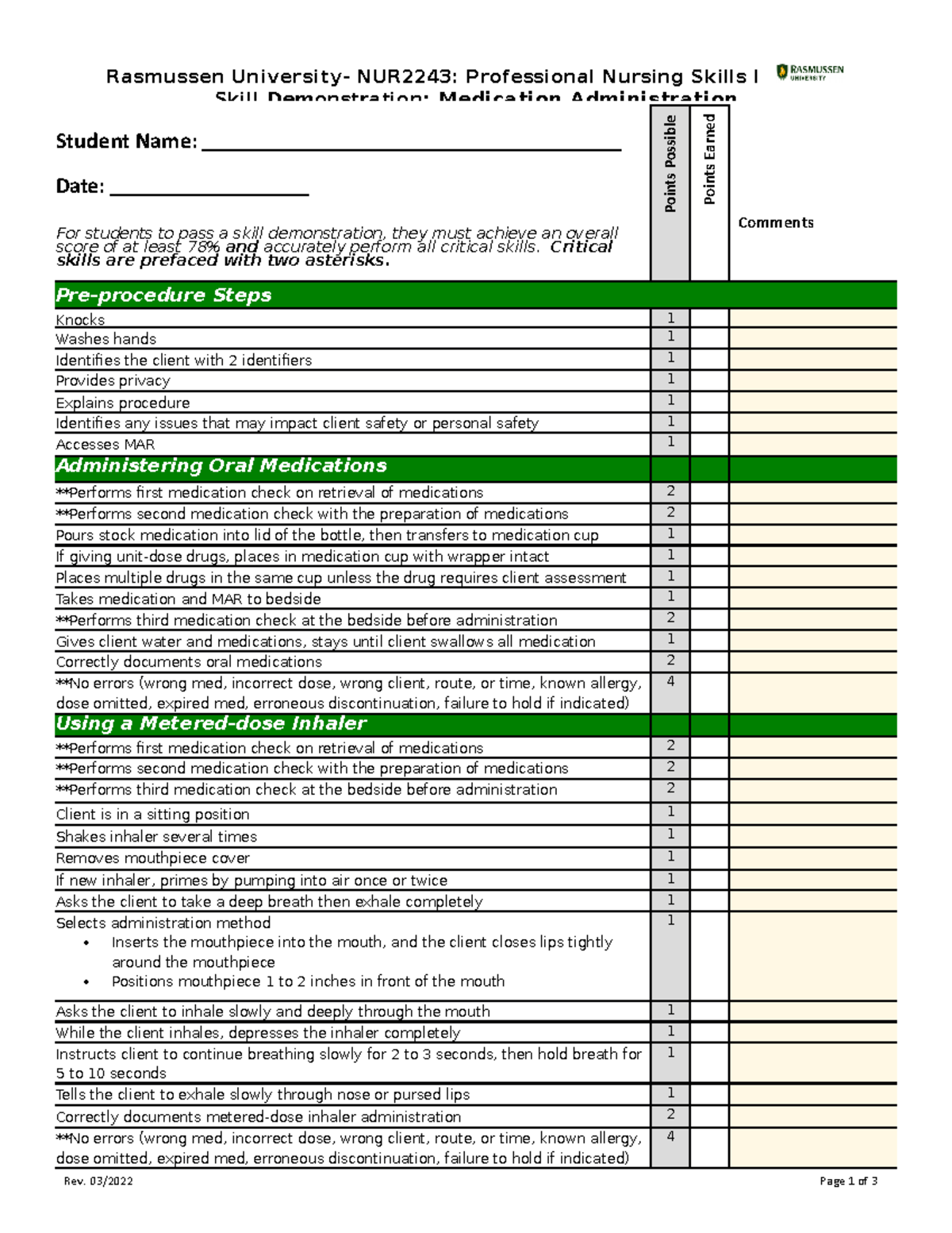 NUR2243 Skill Demonstration Checklist - Medication Administration 03 ...