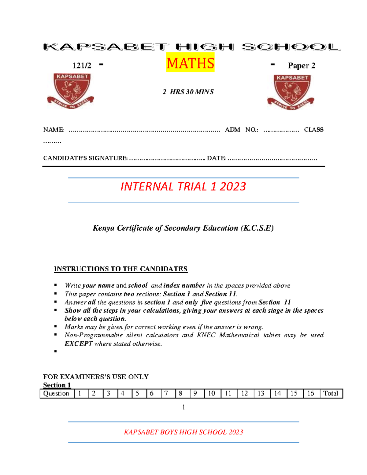 Maths P2 QNS - 1 121/2 - MATHS - Paper 2 2 HRS 30 MINS NAME: - Studocu
