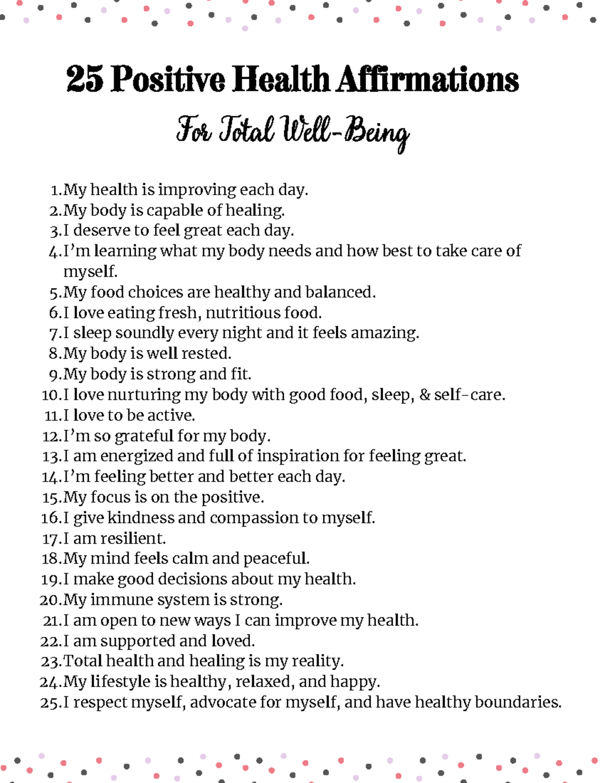 25 Positive health affirmations free pdf printable worksheet - My ...