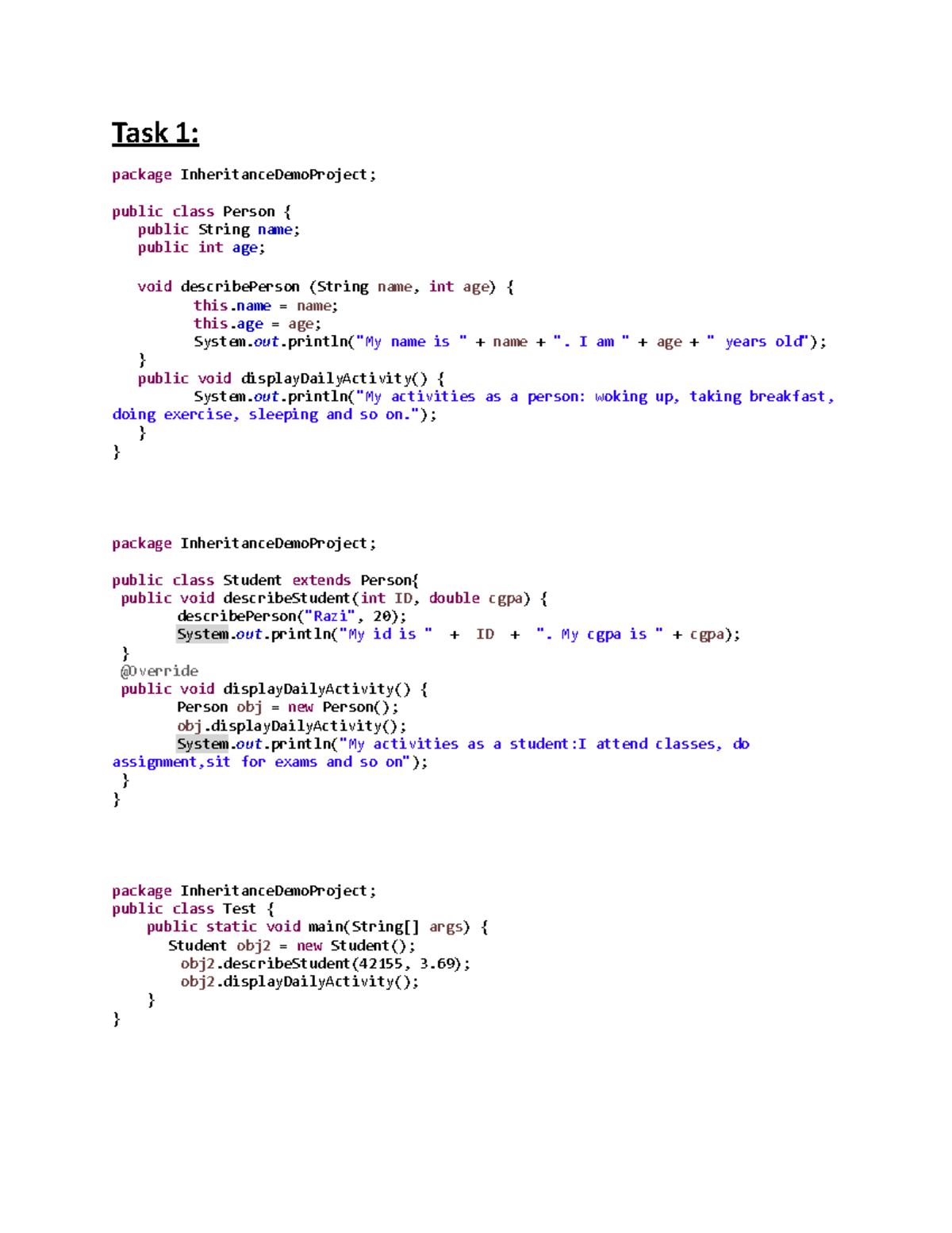 20-42155-1 Lab task 6 - goo - Task 1: package InheritanceDemoProject ...