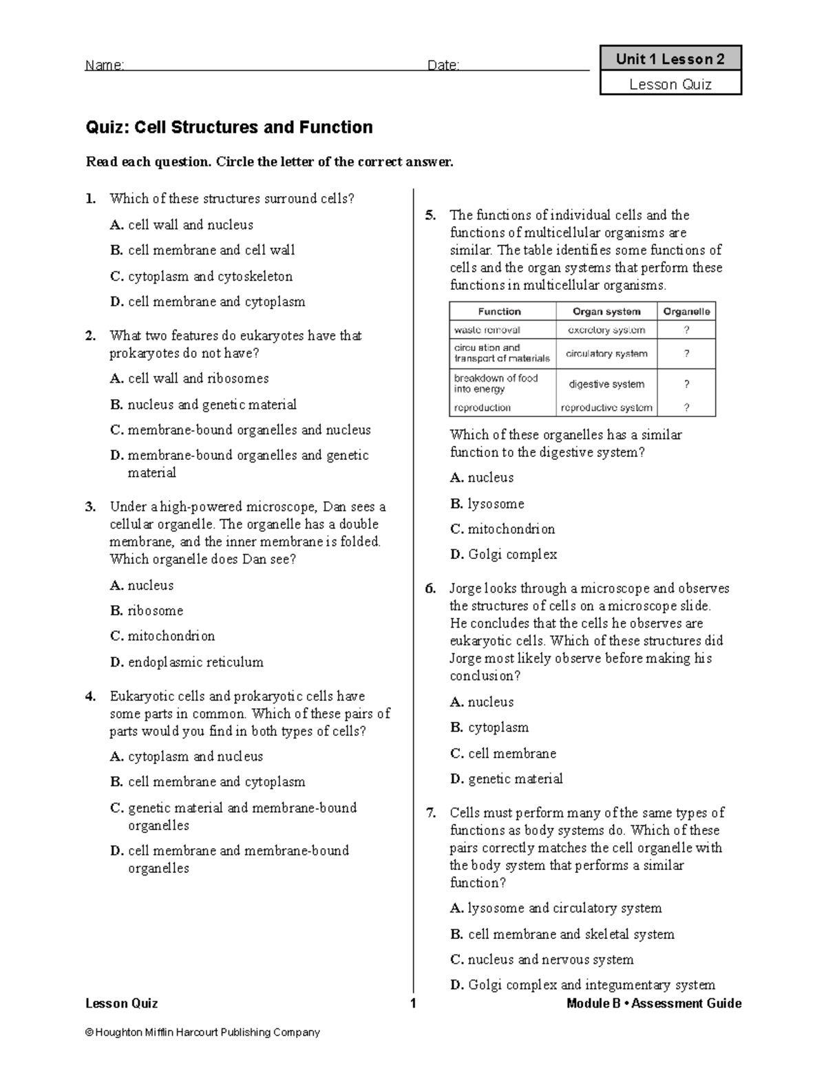 6B AG U1LQ2 - animal and plant cell - Name: Date: Quiz: Cell Structures ...