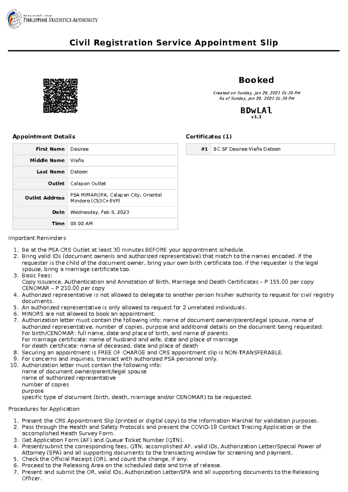 BDw LAl - students - Civil Registration Service Appointment Slip Booked ...