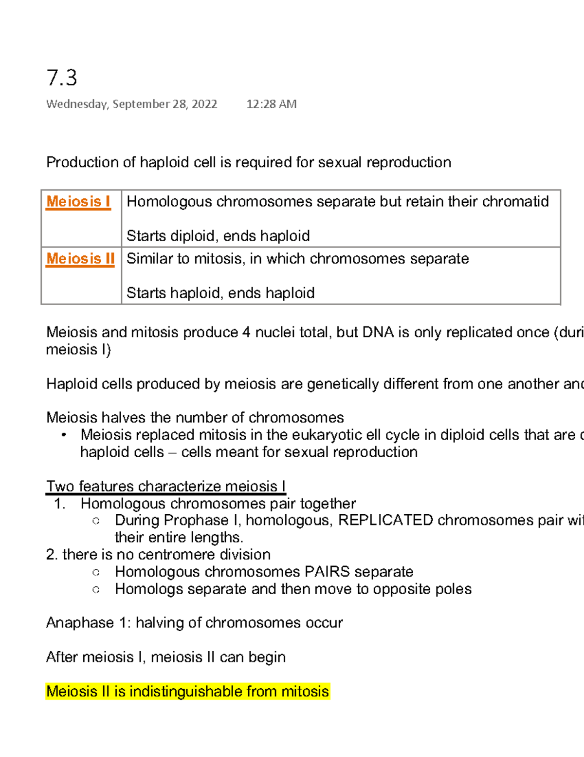 7 - Chapter 7.3 Reading notes - Production of haploid cell is required ...