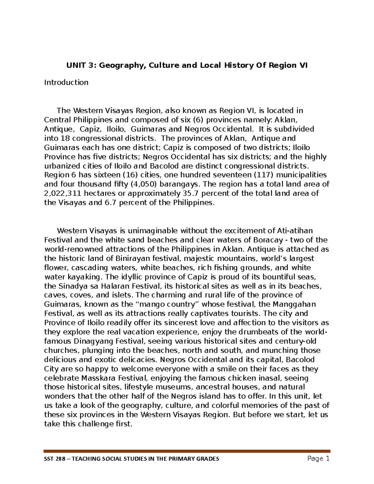 WVSU Janiuay SST 208 Unit 3 - UNIT 3: Geography, Culture and Local ...