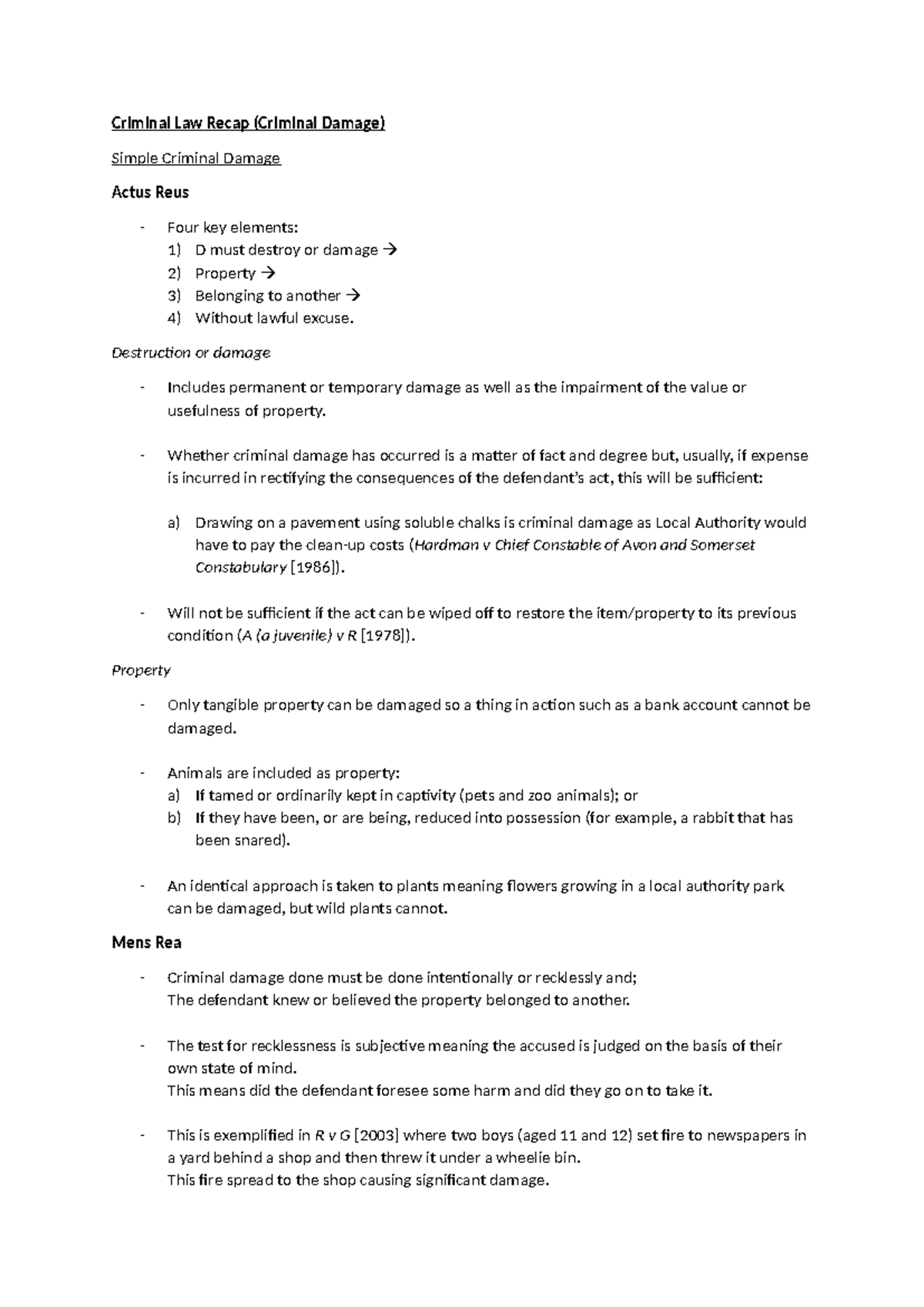 Criminal Law Recap (Criminal Damage) - Destruction or damage - Includes ...