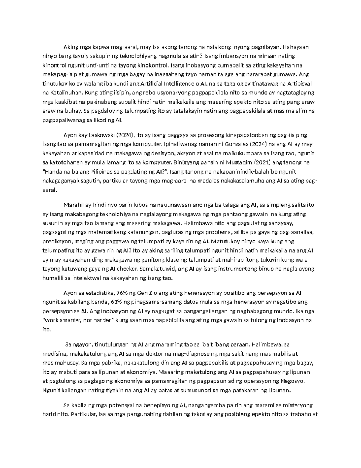 Talumpati - Aking mga kapwa mag-aaral, may isa akong tanong na nais kong inyong pagnilayan ...