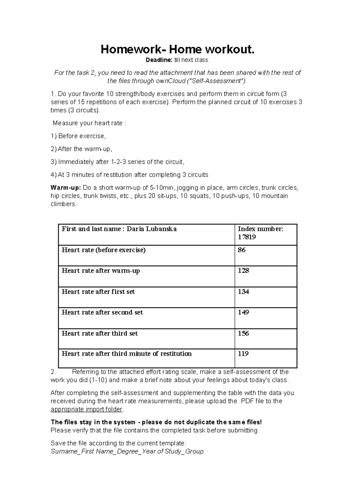 Class no. 1- Home workout - Homework- Home workout. Deadline: till next ...