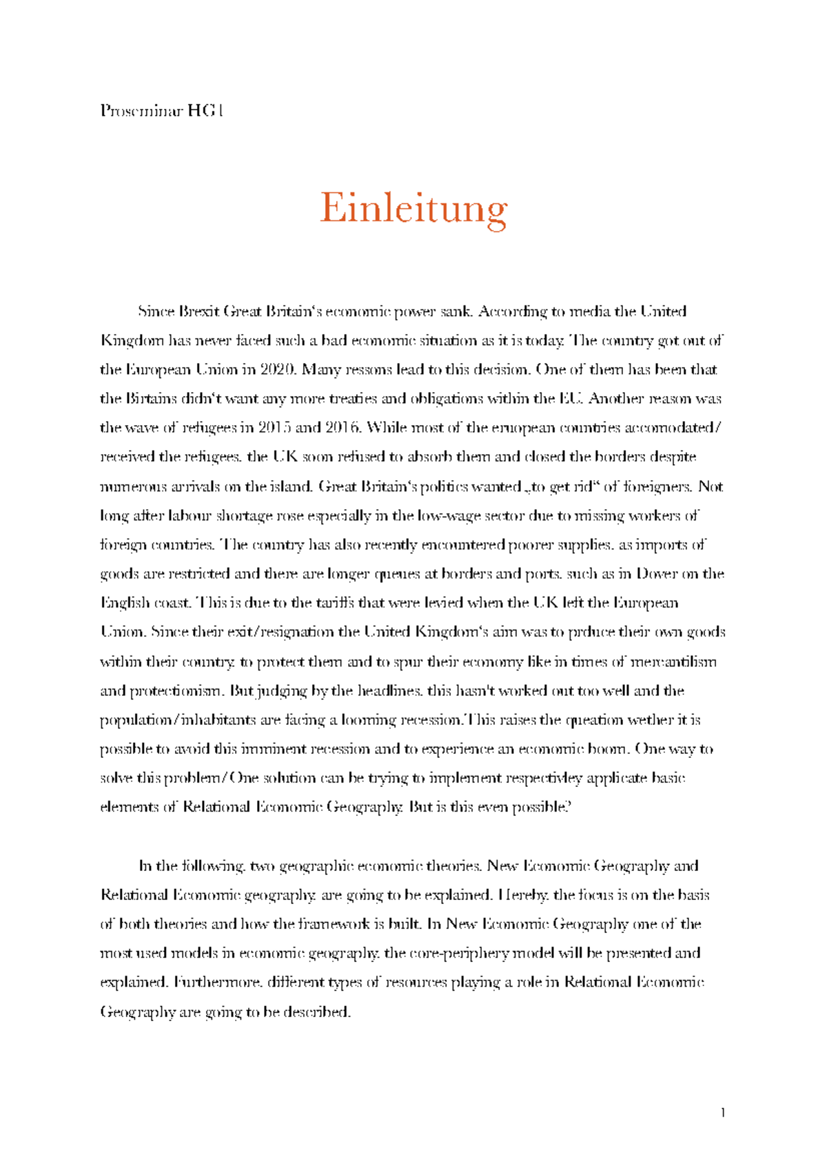 Essay - Einleitung für New Economic Geography und Relationale WIrtschaftsgeographie - Proseminar ...
