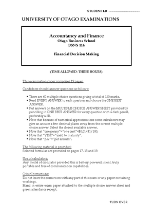 BSNS114 Cheat Sheet - Financial Decision Making - University of Otago ...