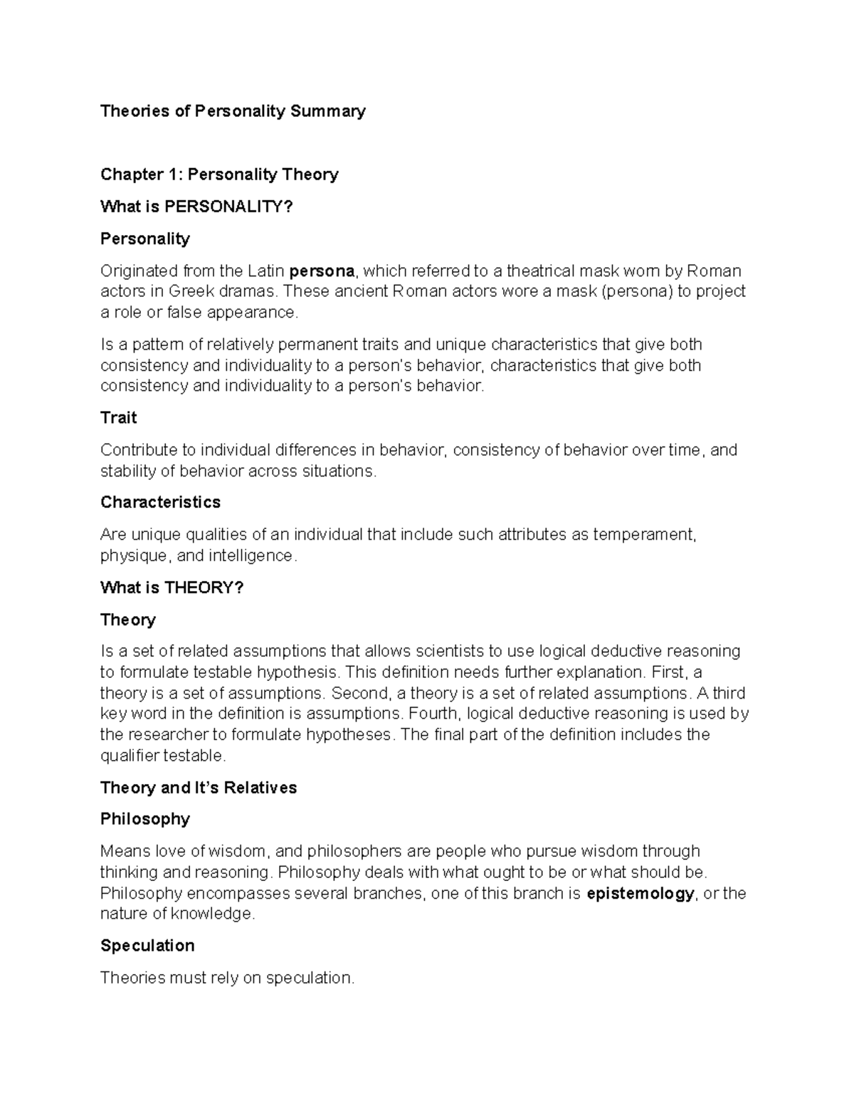 TOP Summary - Theories of Personality Summary Chapter 1: Personality ...