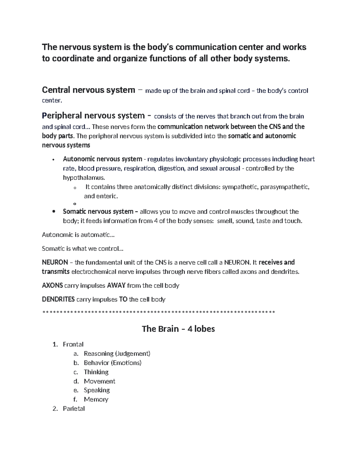 Neuro Study Guide - The nervous system is the body’s communication ...
