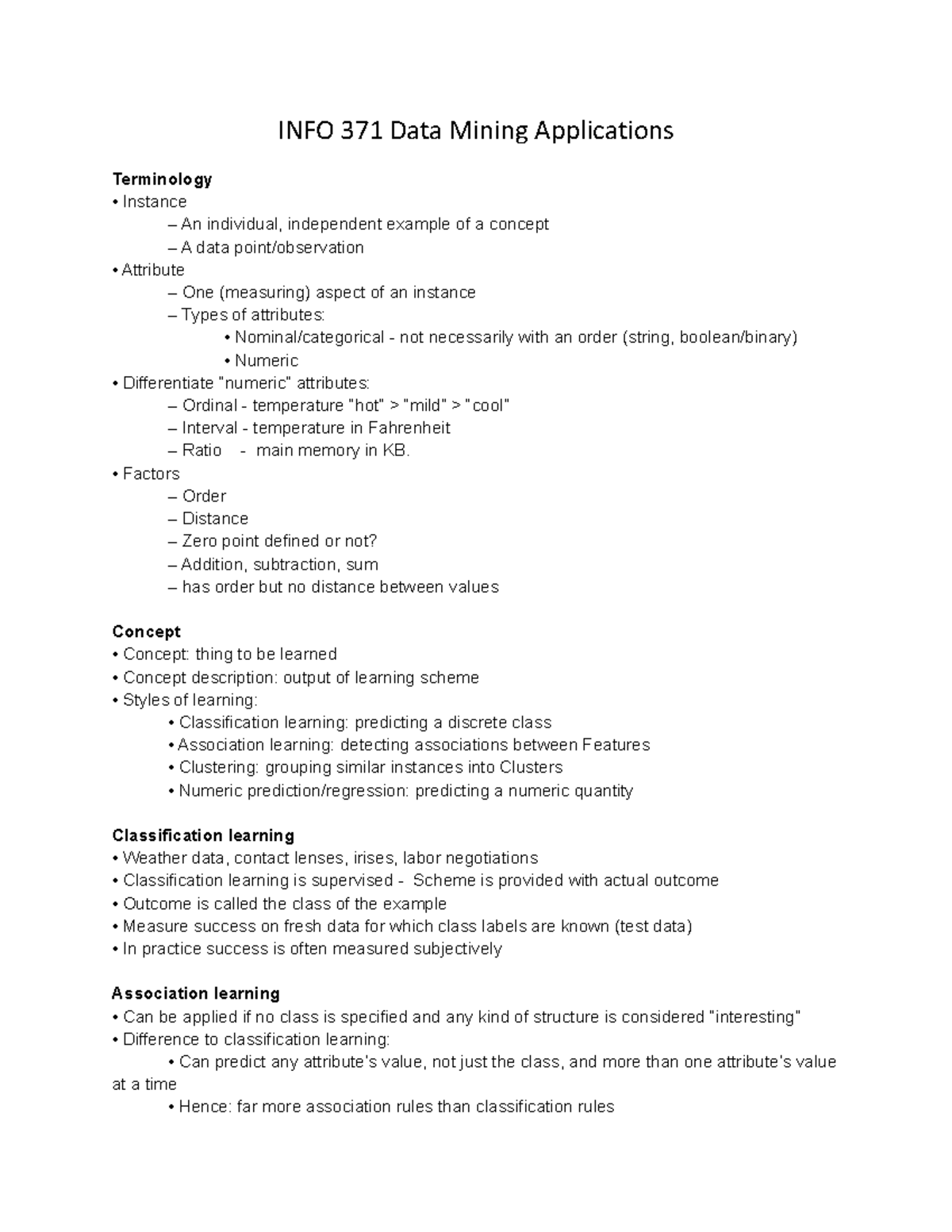 Info371 - Midterm notes - INFO 371 Data Mining Applications Terminology ...