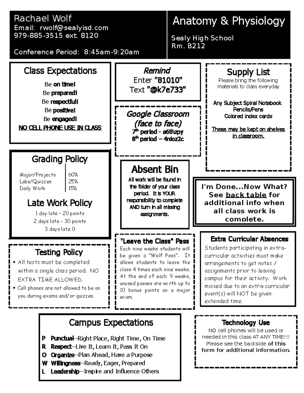 Syllabus Anatomy Physiology Leave The Class Pass Each Nine Weeks
