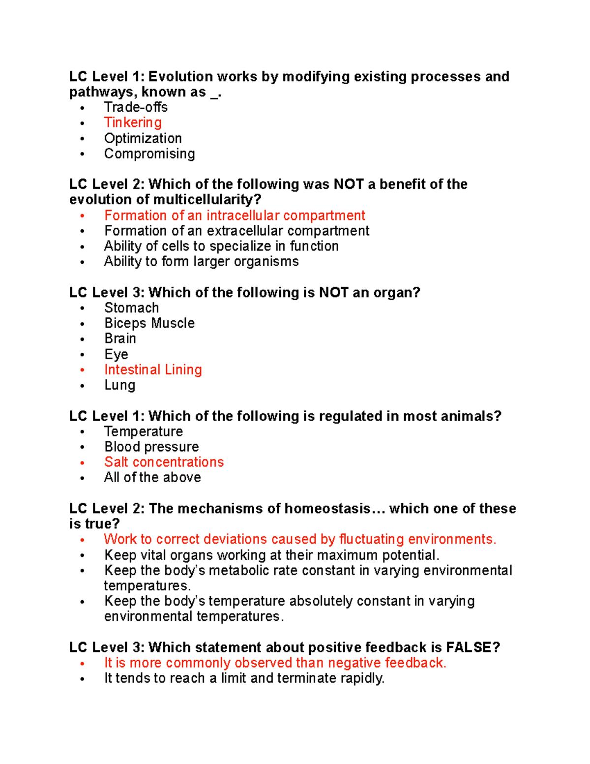 Bio exam 3 Practice Questions - LC Level 1: Evolution works by ...