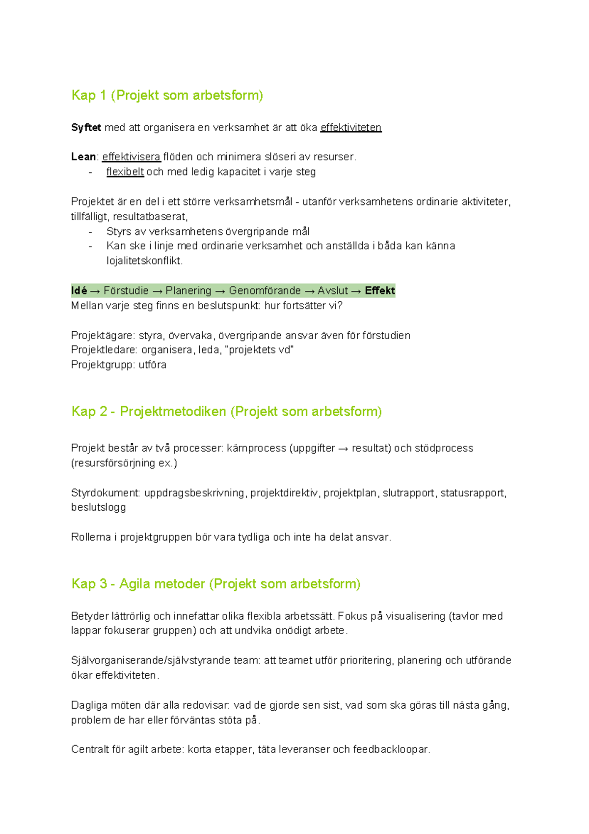 Kapitelsummeringar projektledning - Kap 1 (Projekt som arbetsform ...