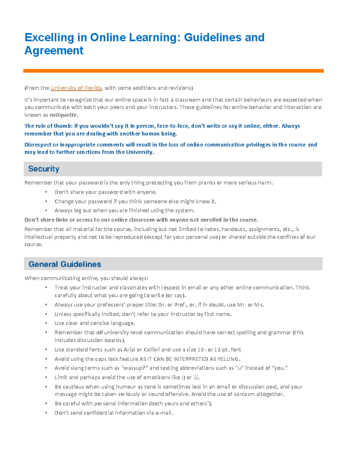 ENG 1100 Netiquette 2021 - Excelling in Online Learning: Guidelines and ...