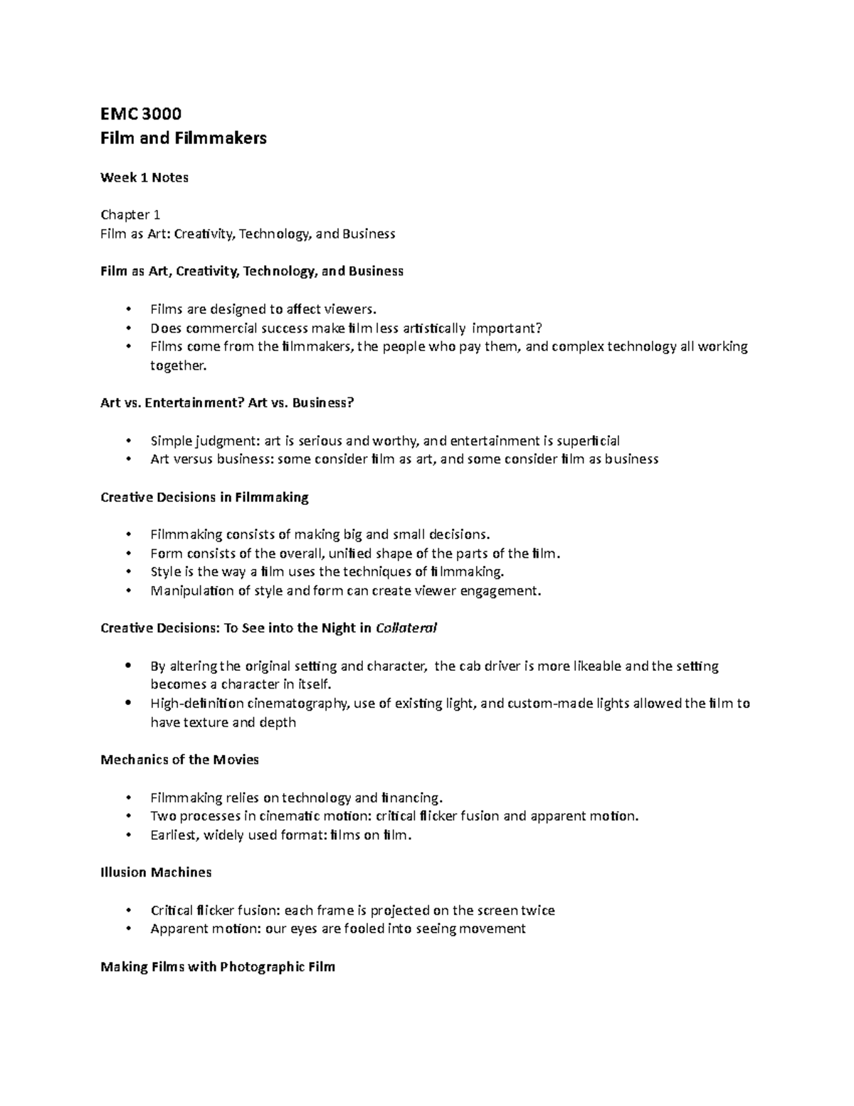 EMC 3000 week - Lecture notes 1 - EMC 3000 Film and Filmmakers Week 1 ...