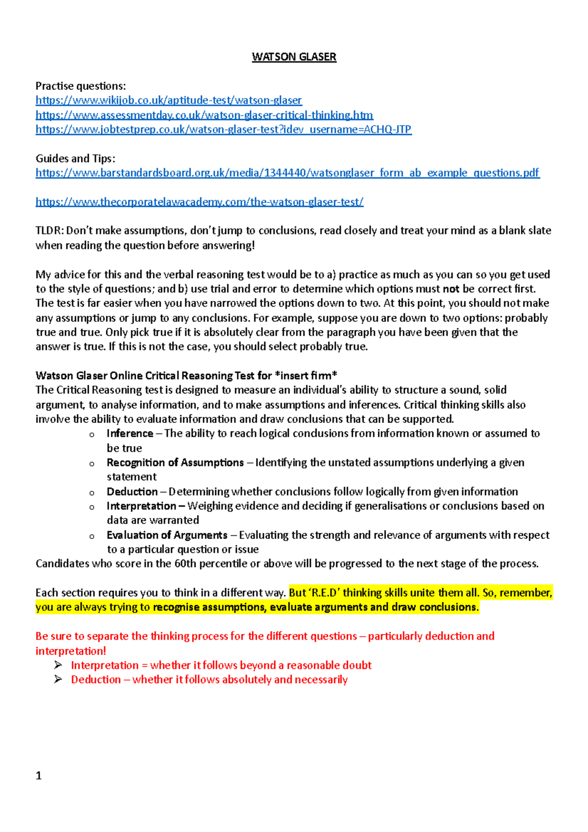 Watson Glaser Test Preparation 2345 - WATSON GLASER Practise questions ...