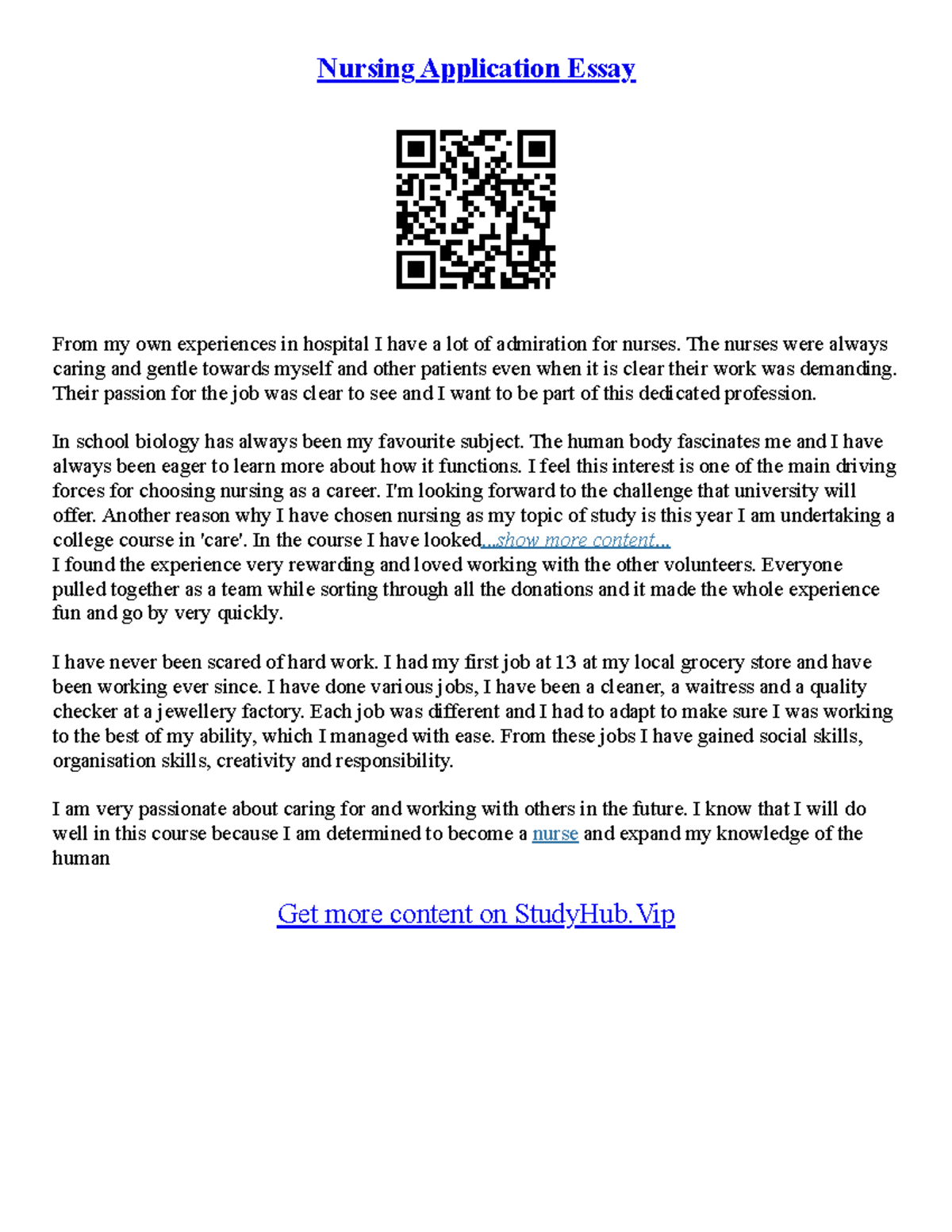 Essay For Nursing School Application - Nursing Application Essay From ...