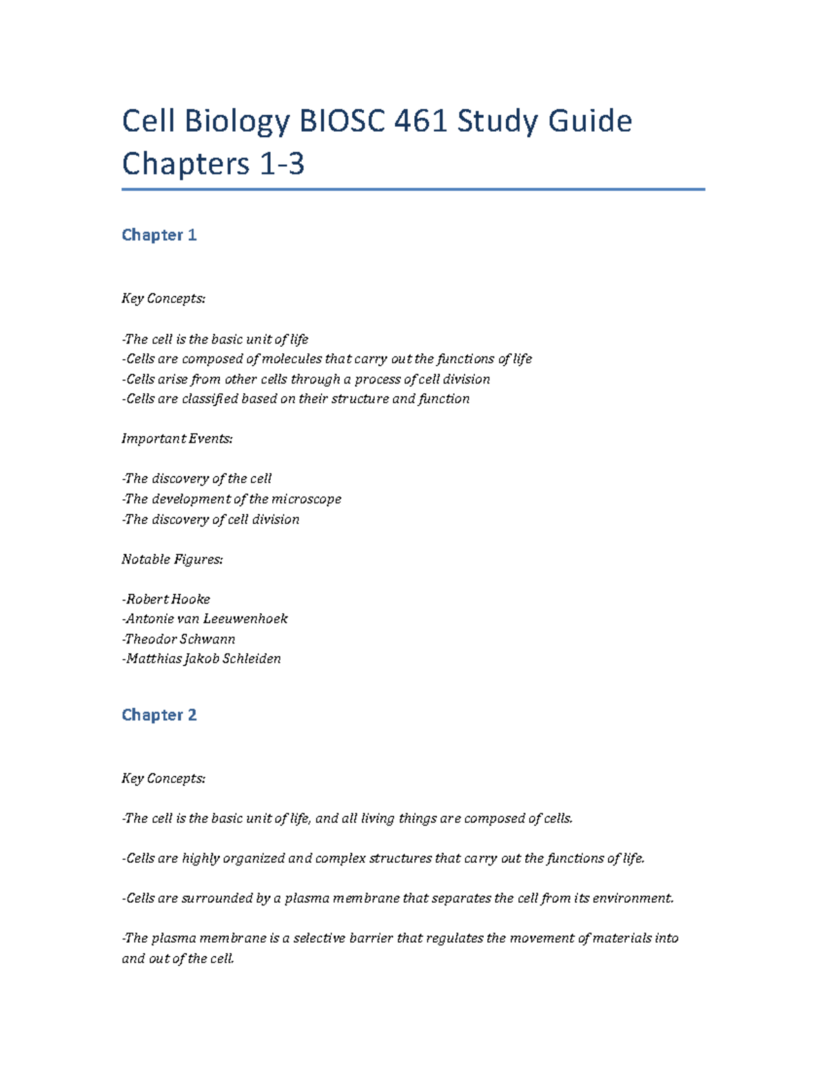 Cell Biology BIOSC 461 Study Guide Chapters 1-3 - Cell Biology BIOSC ...