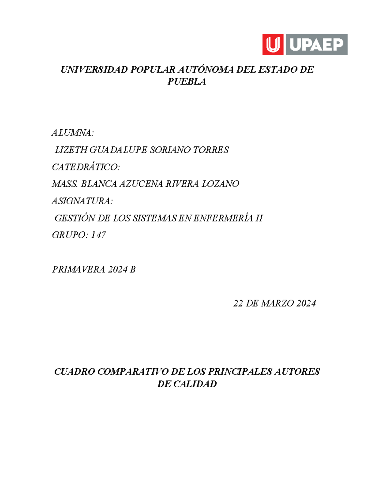 Tarea Atrasada ADM 2 - UNIVERSIDAD POPULAR AUTÓNOMA DEL ESTADO DE PUEBLA ALUMNA: LIZETH ...