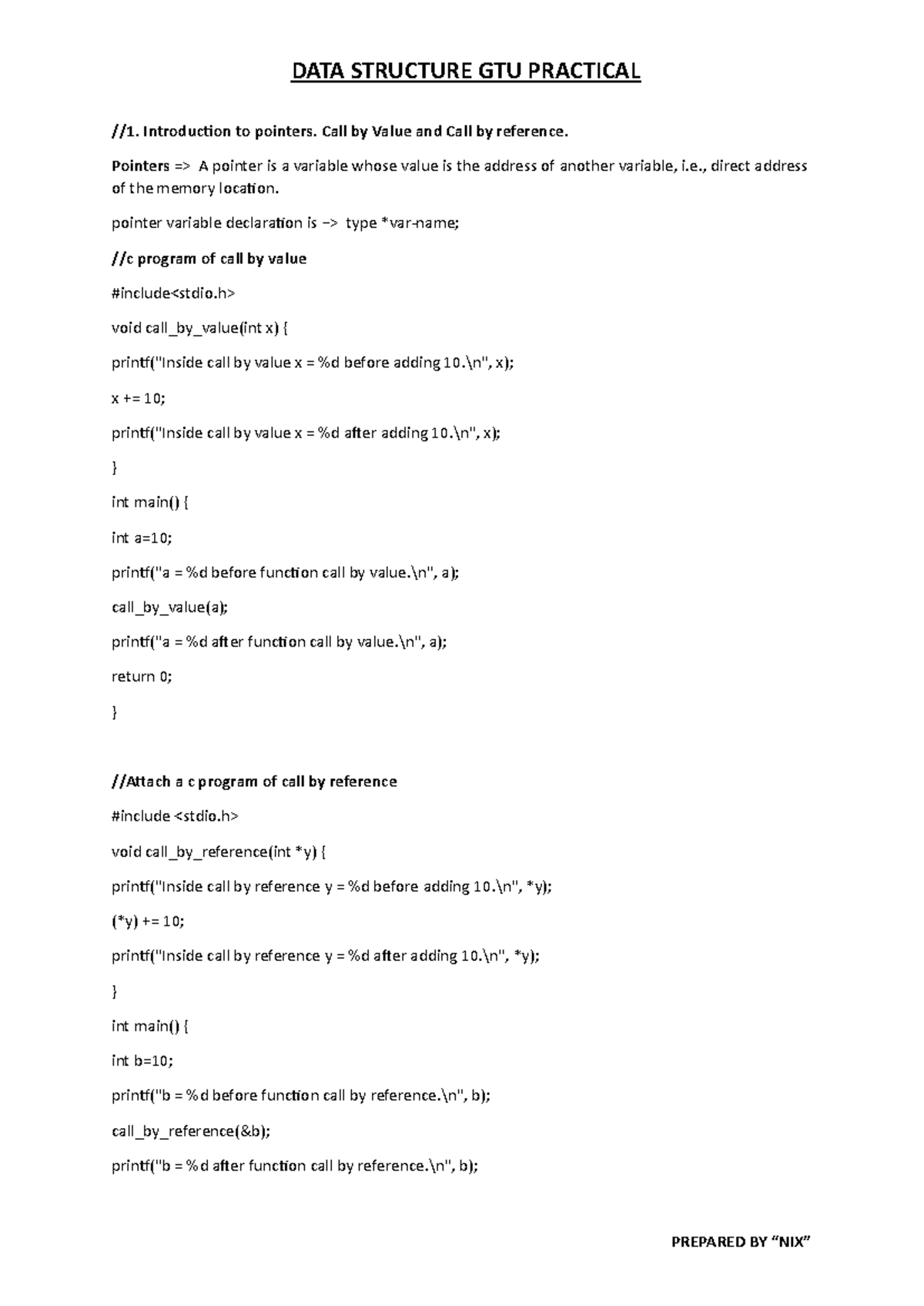 Data Structure Practical Codes Gtu By Nix 1 Introduction To Pointers Call By Value And