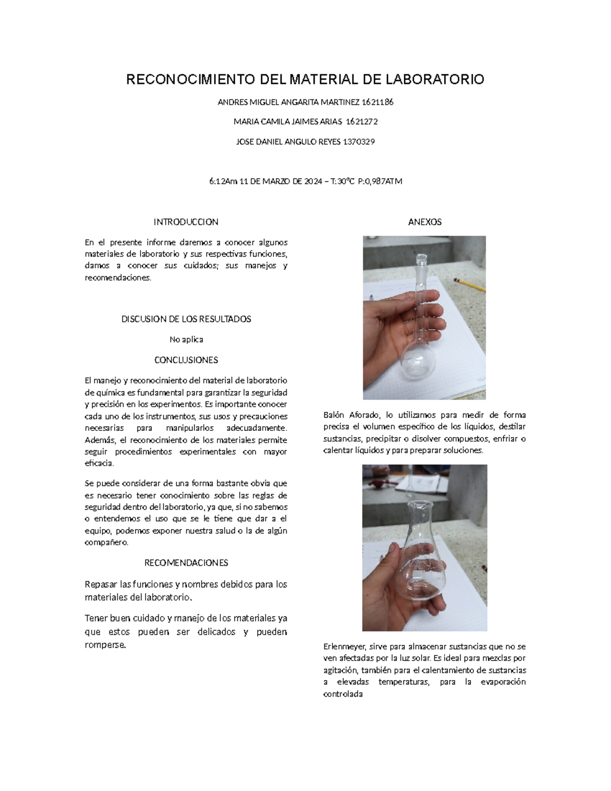 Informe Reconocimiento DEL Material DE Laboratorio - RECONOCIMIENTO DEL MATERIAL DE LABORATORIO ...