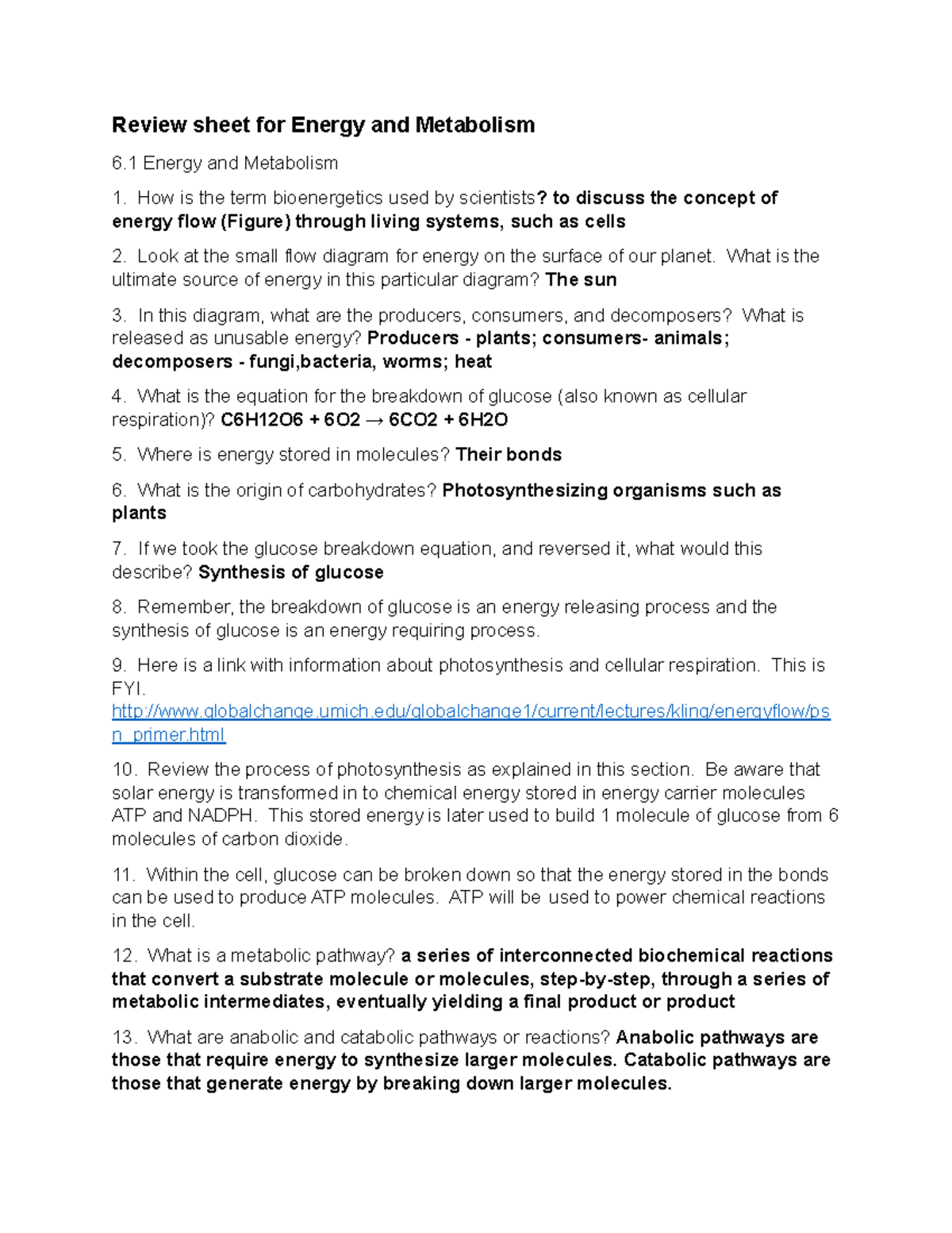 Unit 3 Worksheet - Review sheet for Energy and Metabolism 6 Energy and ...