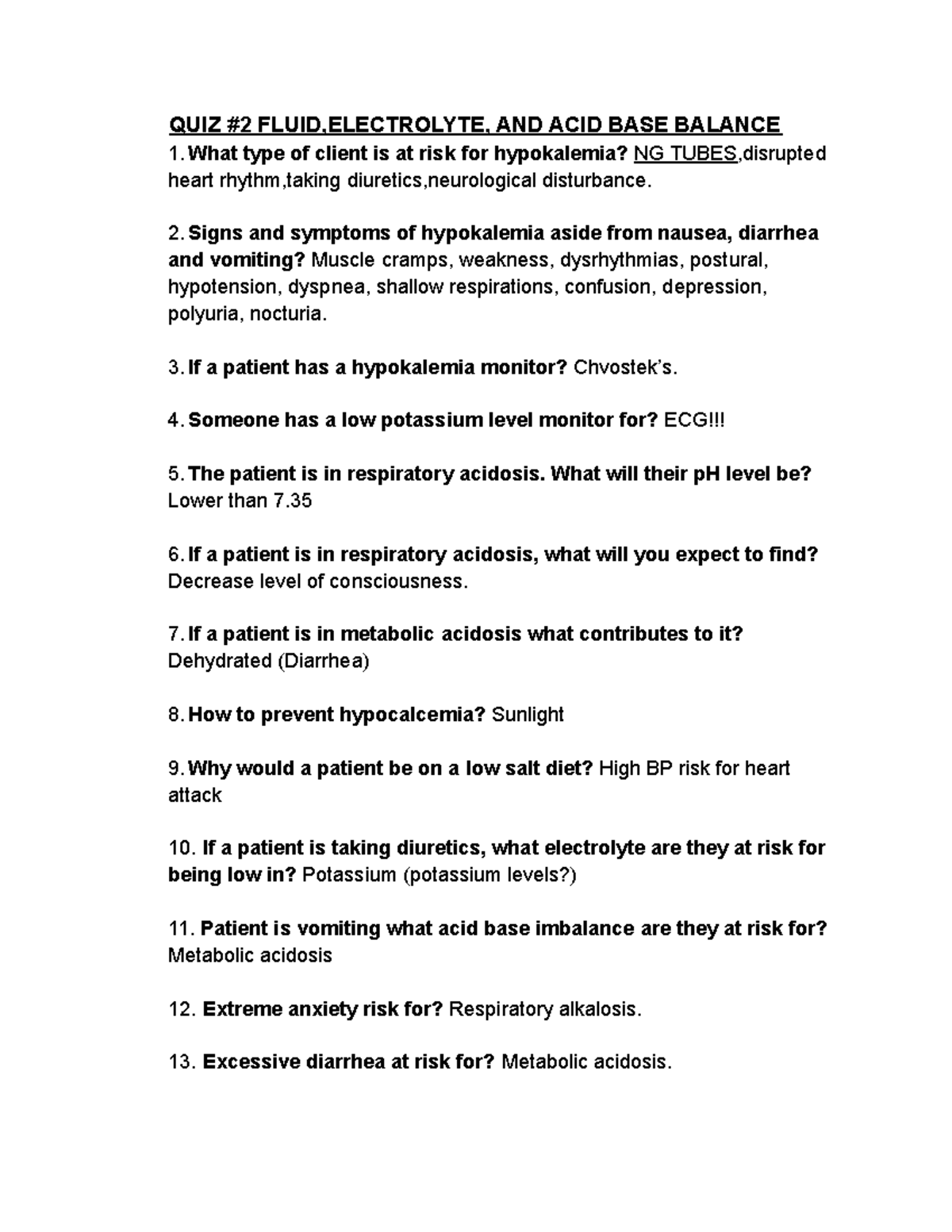 QUIZ 2 Fluidelectrolyte AND ACID BASE Balance - QUIZ #2 FLUID ...