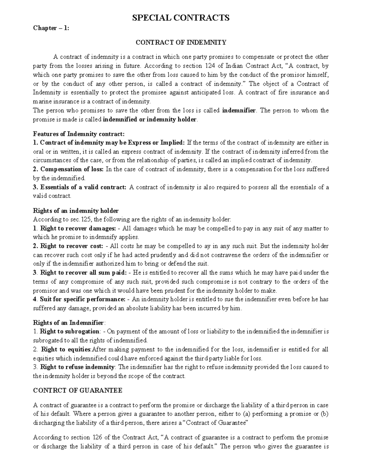 Business Regulatory Framework 5 - SPECIAL CONTRACTS Chapter – 1: CONTRACT OF INDEMNITY A ...