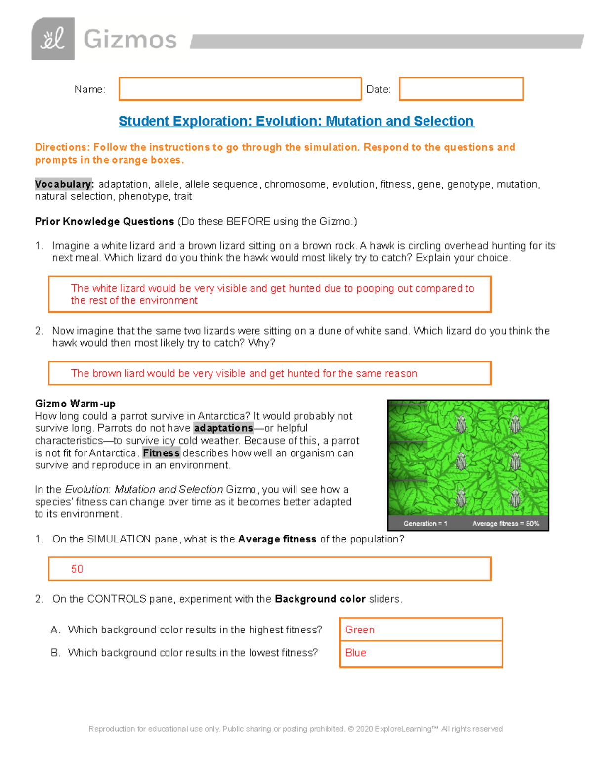Copy of Gizmos Evolution - Mutation and Selection - Name: Date: Student ...