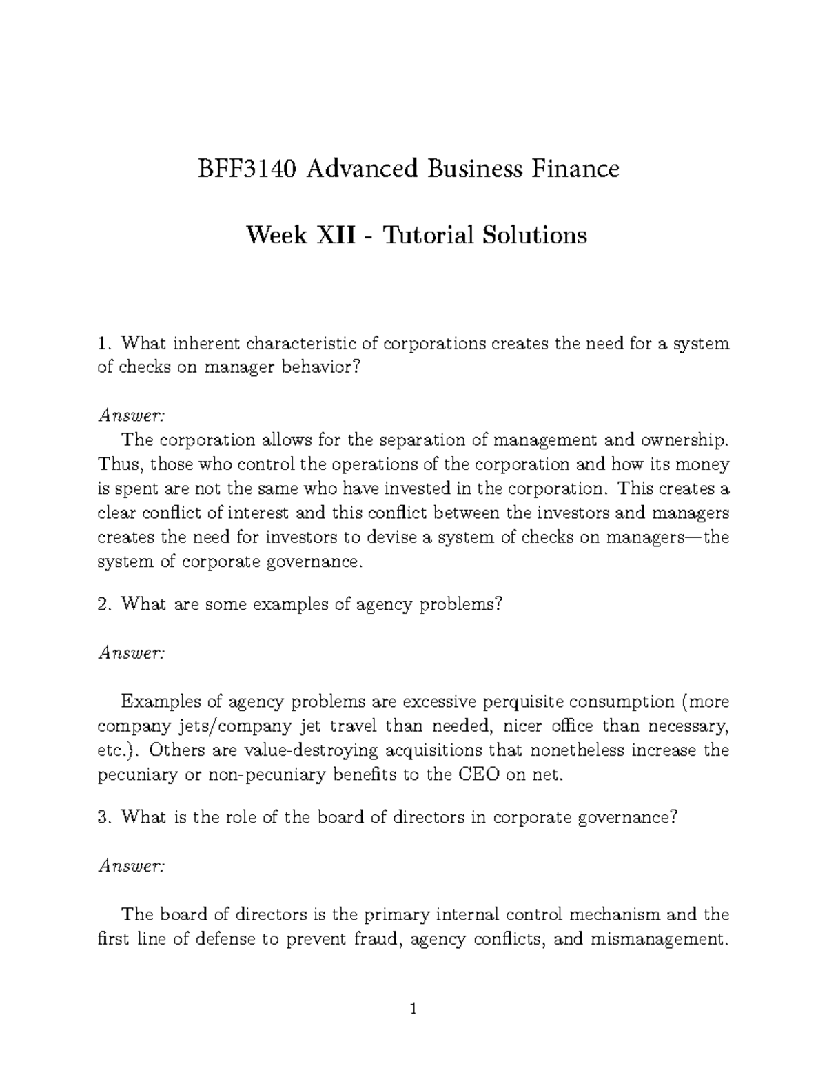 Week XII - Tutorial Solutions - BFF3140 Advanced Business Finance What ...