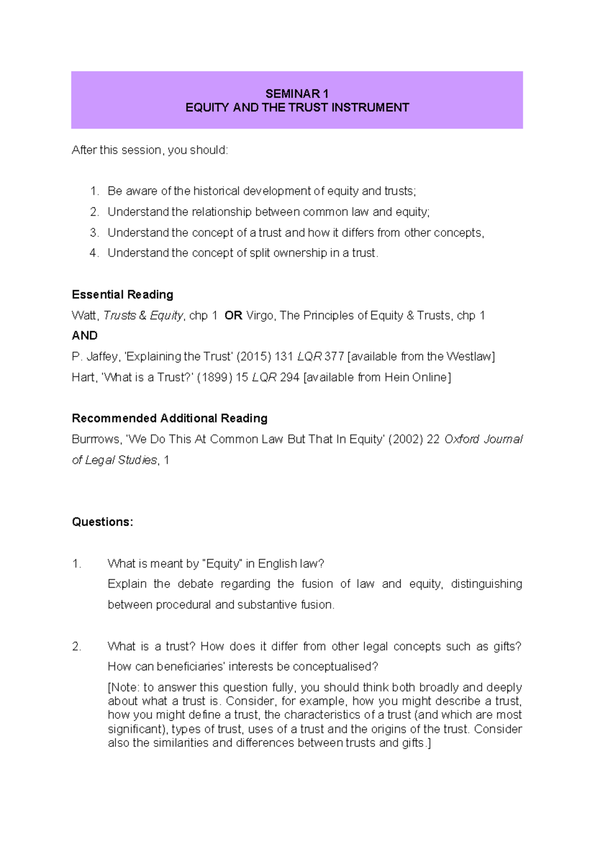 Seminar 1 trusts - werk - SEMINAR 1 EQUITY AND THE TRUST INSTRUMENT ...