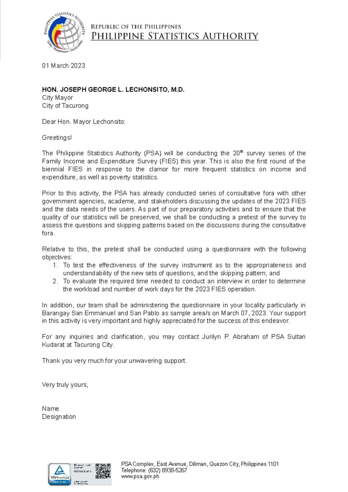 Courtesy Letter to Mayor FIES pretest rev.docx ( Tacurong) - 01 March ...