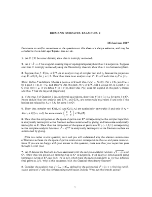 Riemann Surfaces 2017-2018 Example Sheet 1 - RIEMANN SURFACES EXAMPLES ...