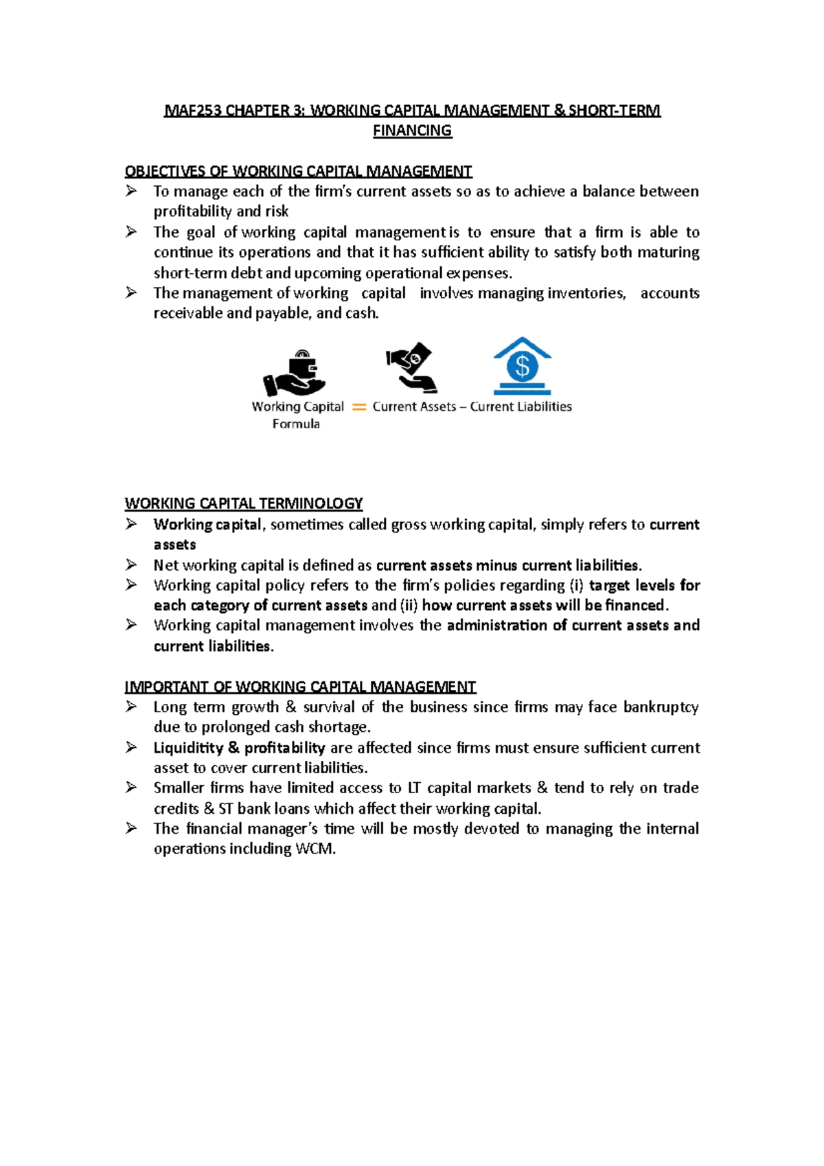 MAF253 Chapter 3 - NOTES - MAF253 CHAPTER 3: WORKING CAPITAL MANAGEMENT ...