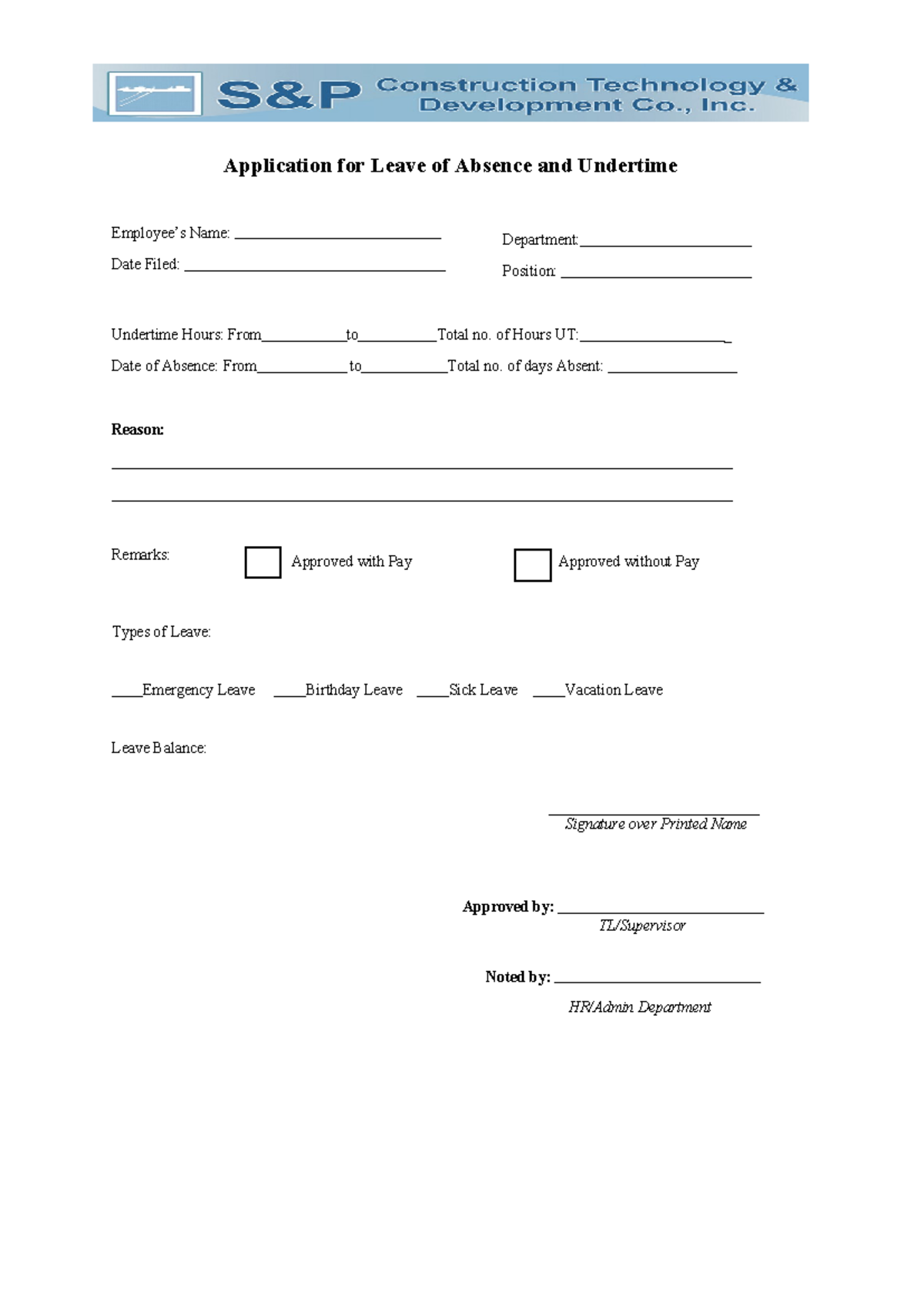 S AND P Leave Form - Summary Secondary Education - Application for ...