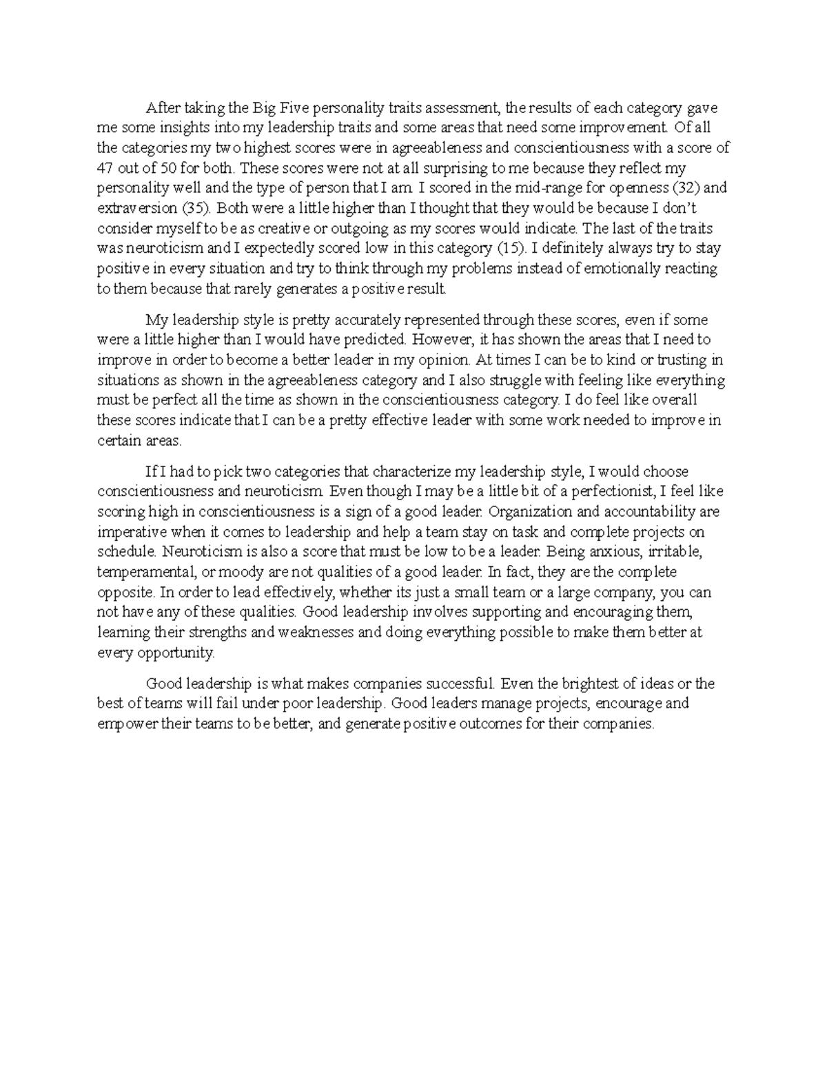 Bus 210 Journal module 1 - After taking the Big Five personality traits ...