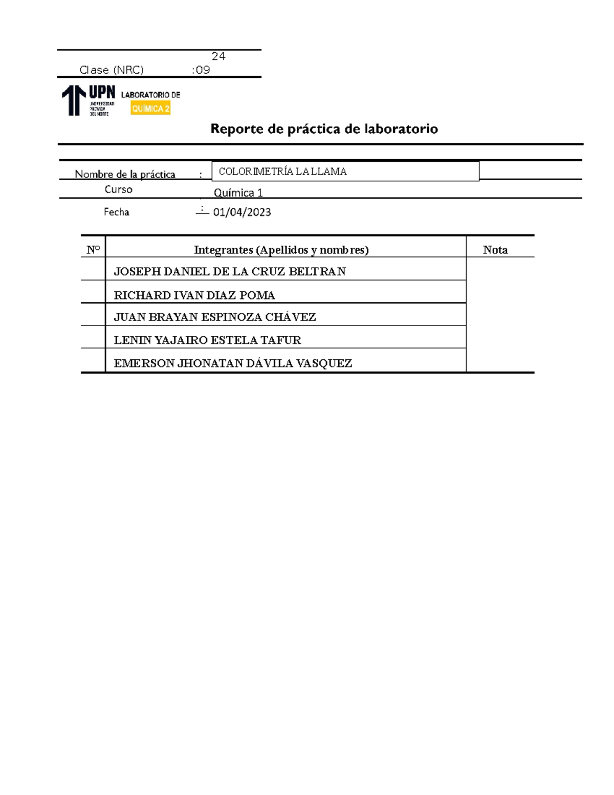 Grupo 3 - N° Integrantes (Apellidos y nombres) Nota JOSEPH DANIEL DE LA ...