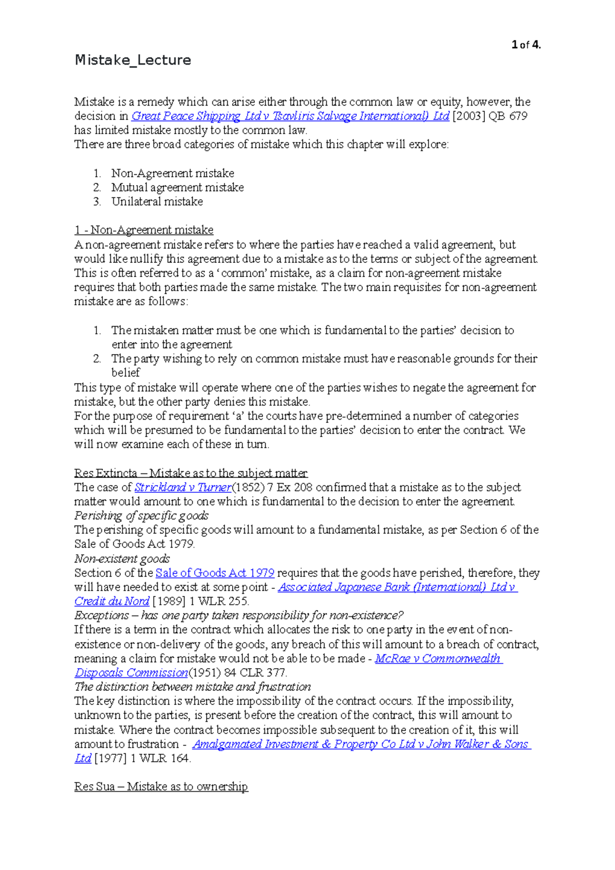 Mistake Lecture - Mistake_Lecture 1 of 4. Mistake is a remedy which can arise either through the ...