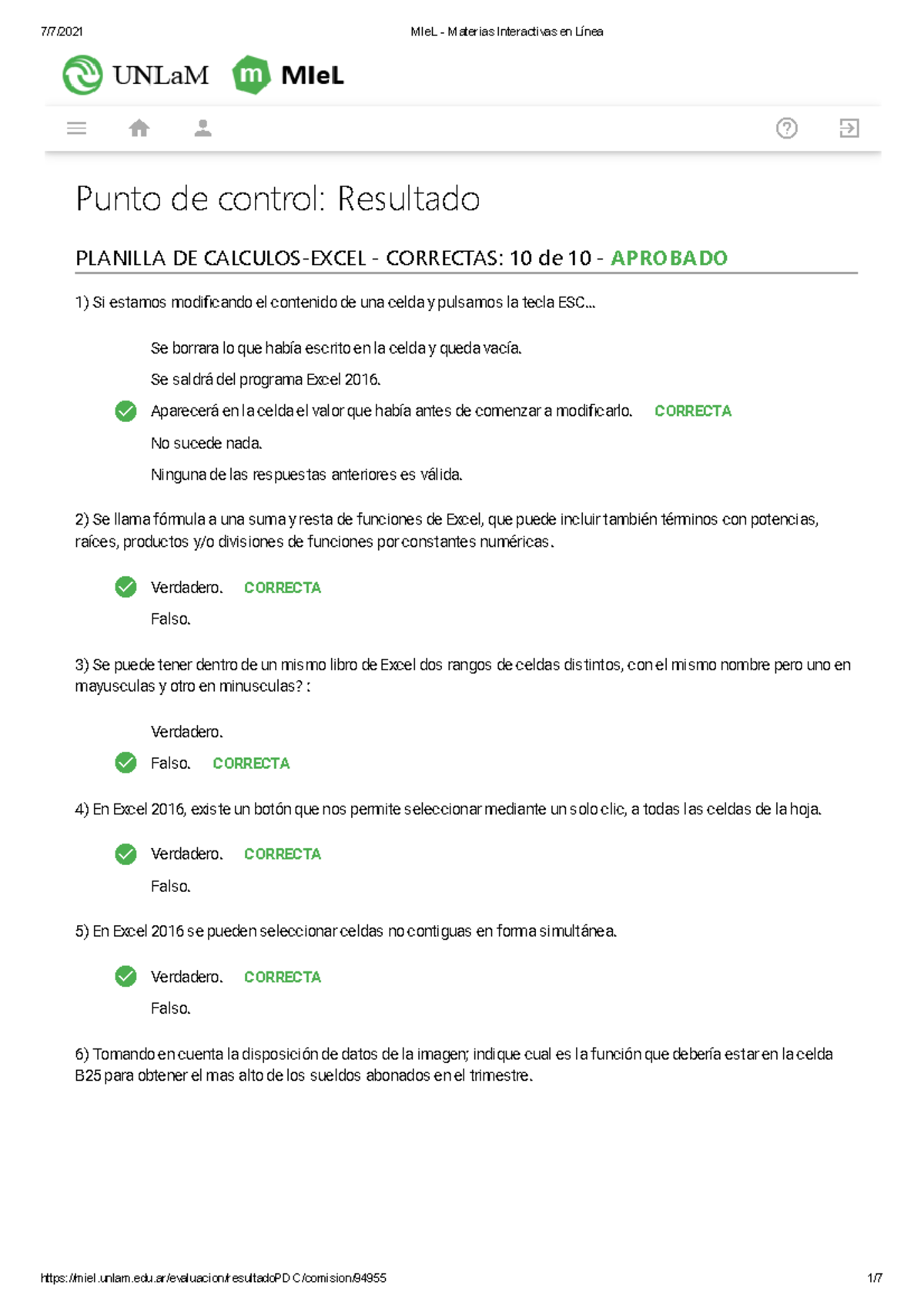 Segundo parcial Compu 1 - Punto de control: Resultado PLANILLA DE CALCULOS-EXCEL - CORRECTAS: 10 ...