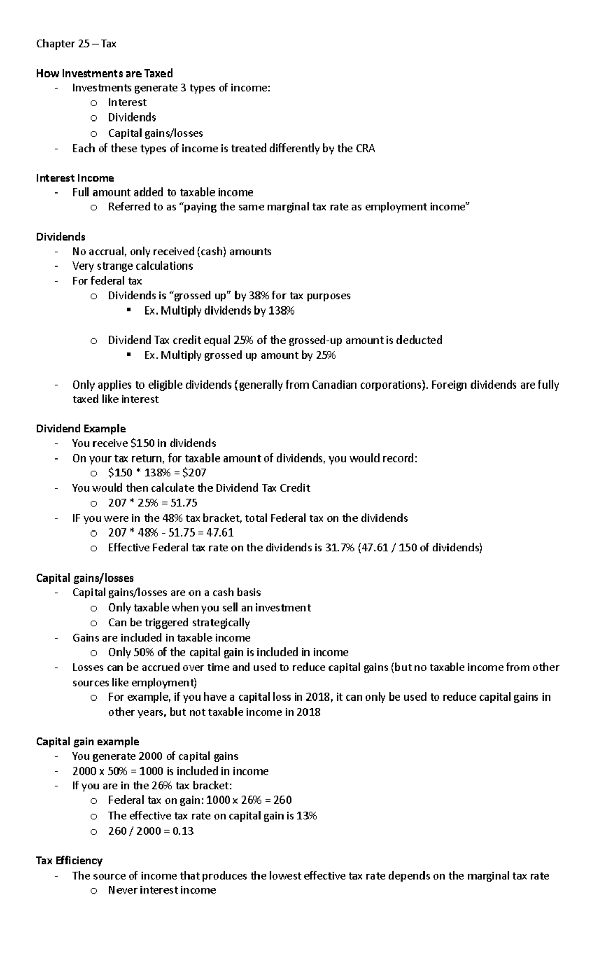 Chapter 25 Tax Notes - Chapter 25 – Tax How Investments are Taxed ...