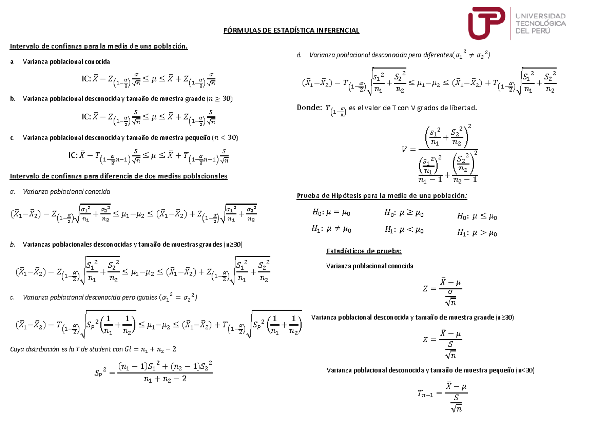 Formulario - Estadística Inferencial - Intervalo de confianza para la media de una población. a ...